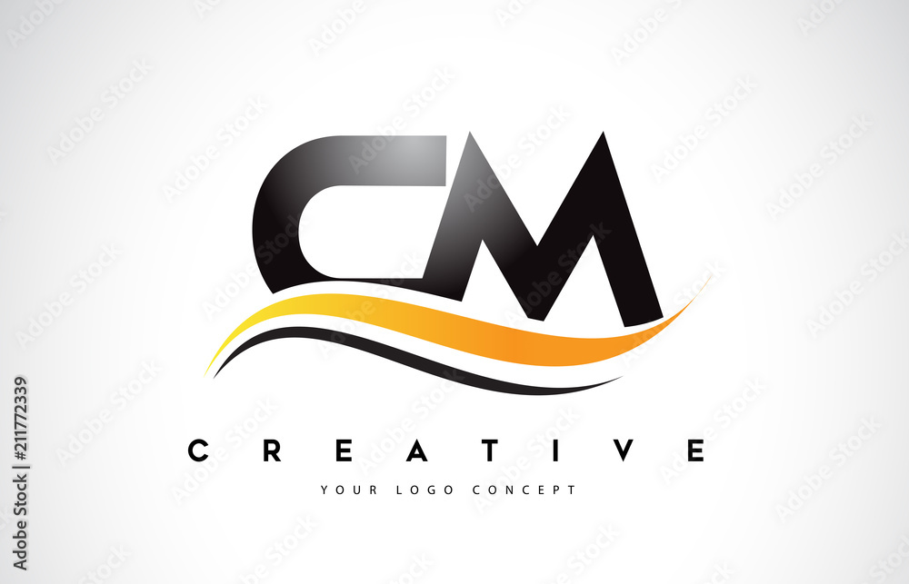 CM C M Swoosh Letter Logo Design with Modern Yellow Swoosh Curved Lines ...