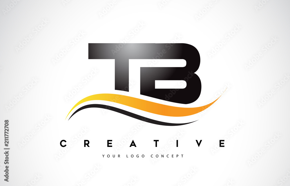 TB T B Swoosh Letter Logo Design with Modern Yellow Swoosh Curved Lines ...