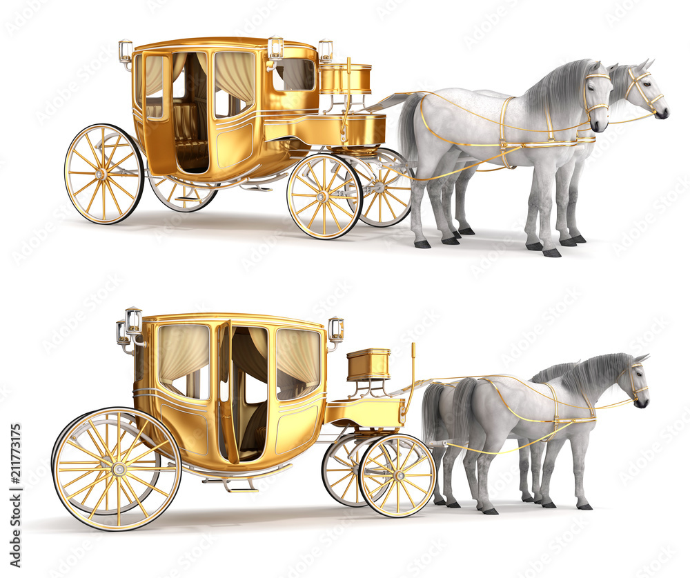 Golden coach with an open door, harnessed with a pair of white horses ...