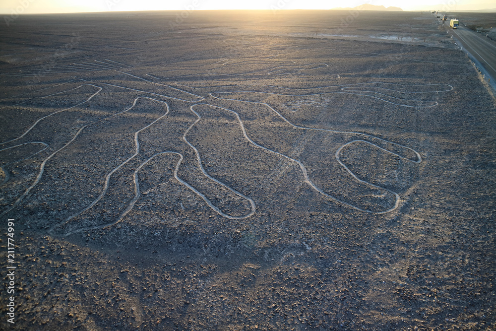 The famous large ancient geoglyphs Nazca lines called Arbol (tree ...