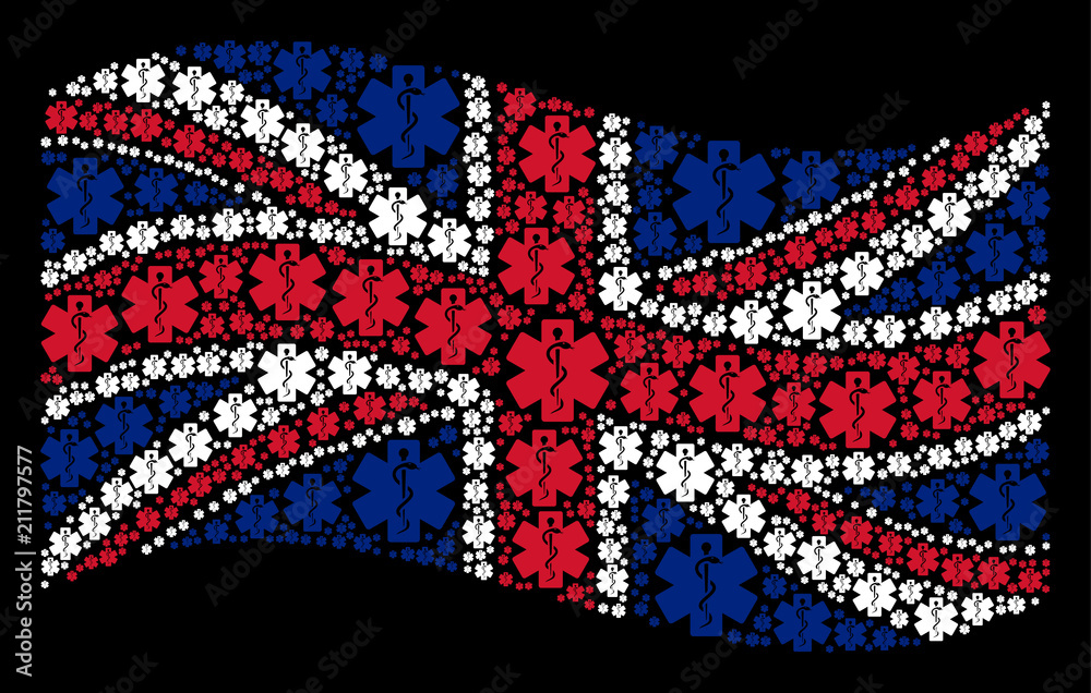 Waving British flag on a black background. Vector medical emblem ...