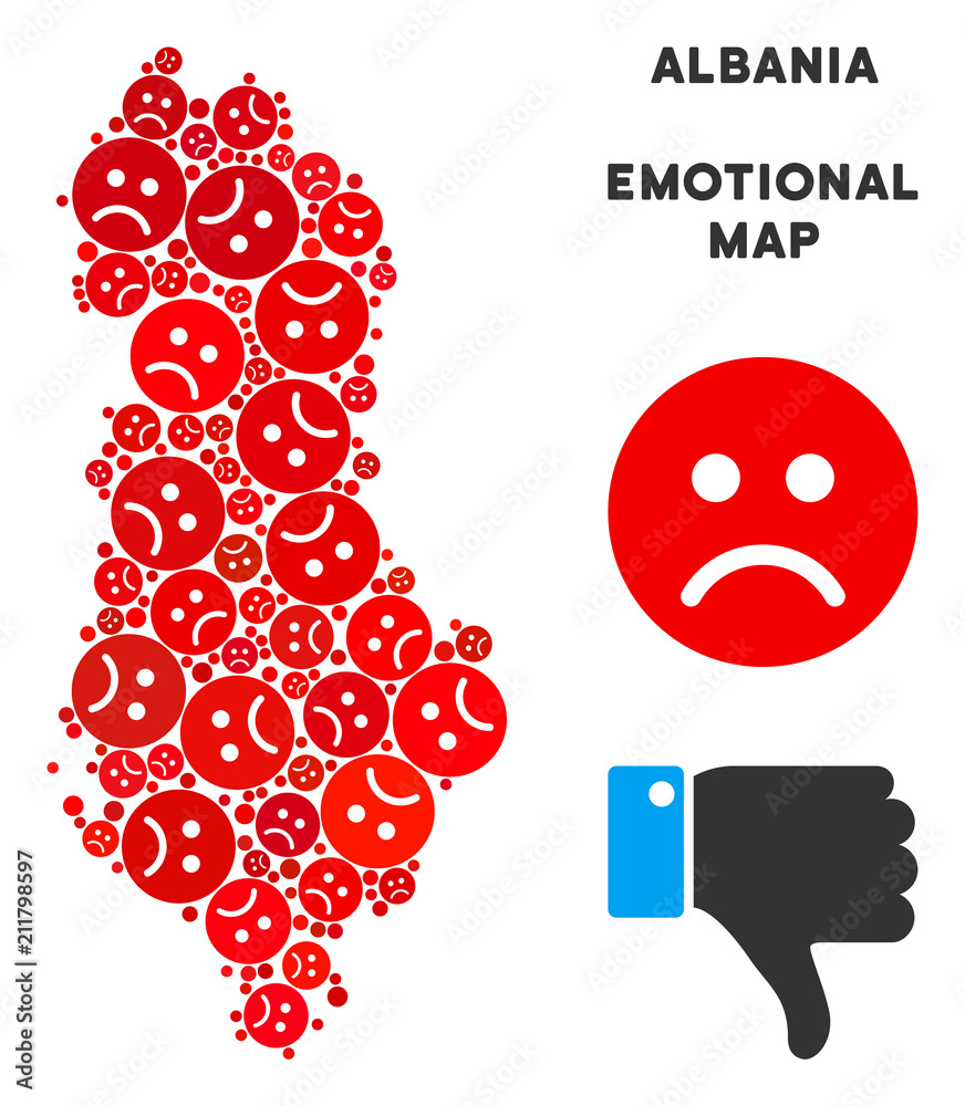 Emotion Albania map collage of sad emojis in red colors. Negative mood ...