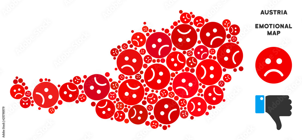 Sorrow Austria map composition of sad emojis in red colors. Negative ...
