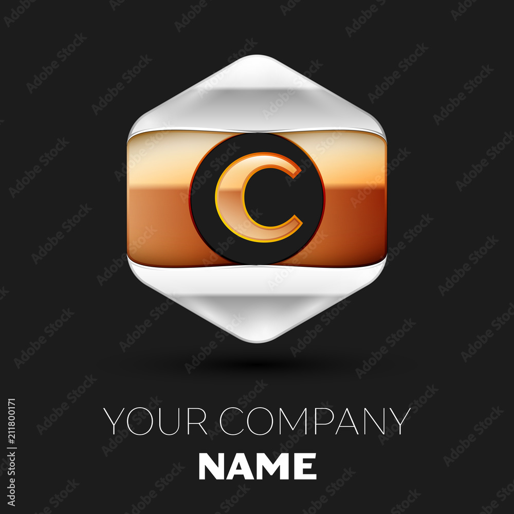 Realistic Golden Letter C logo symbol in the colorful silver-golden ...