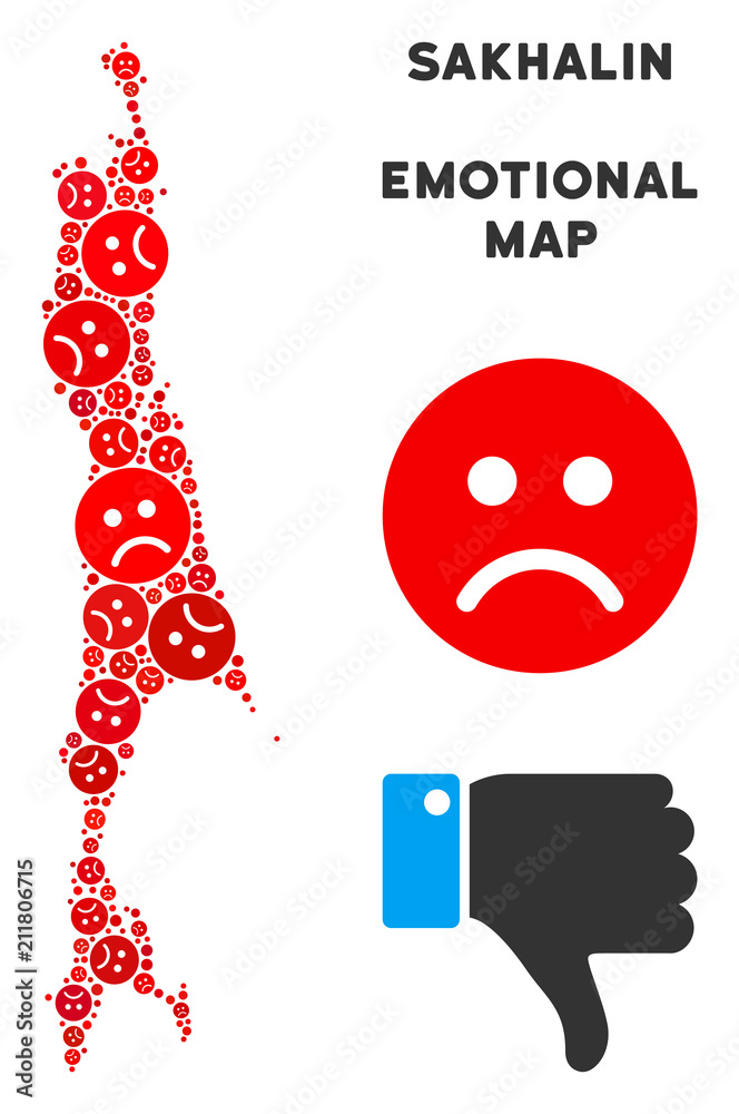 Emotional Sakhalin Island map composition of sad smileys in red colors ...