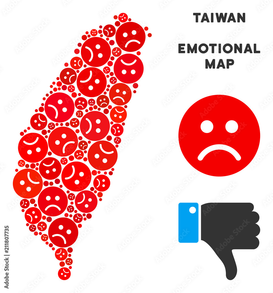 Emotion Taiwan Island map mosaic of sad smileys in red colors. Negative ...