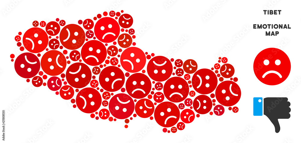 Emotion Tibet Chinese territory map mosaic of sad smileys in red colors ...