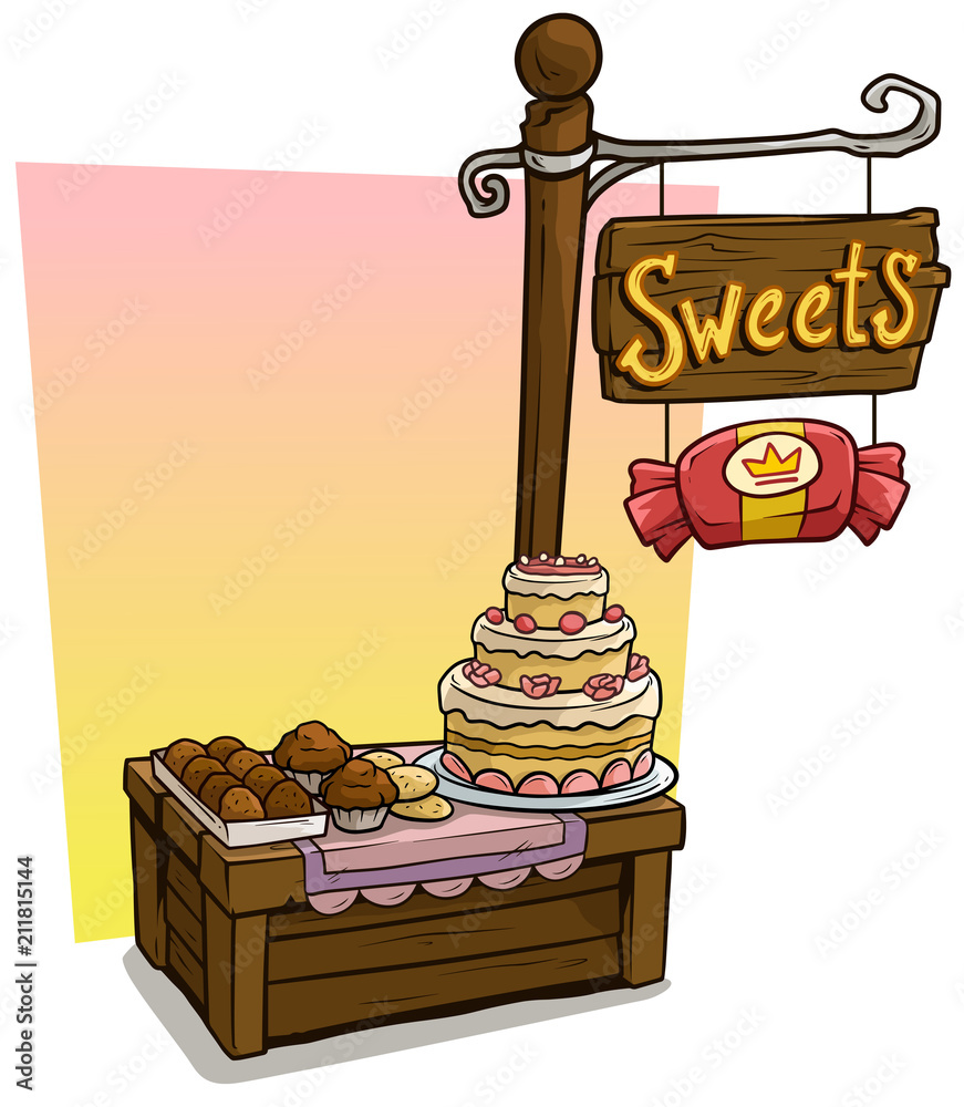 Cartoon sweets candy vendor booth or shop market wooden stand. Wooden ...