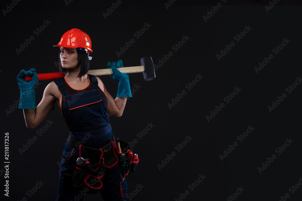 Sex Equality And Feminism Sexy Girl In Safety Helmet Holding Hammer