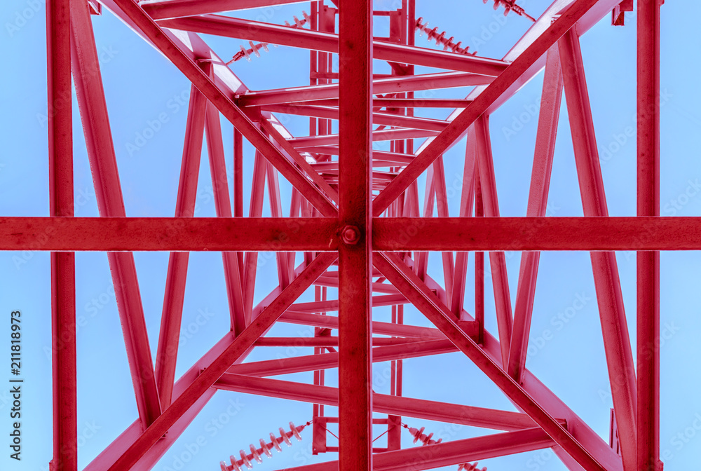 High-voltage power lines, bottom view. Red electricity distribution ...
