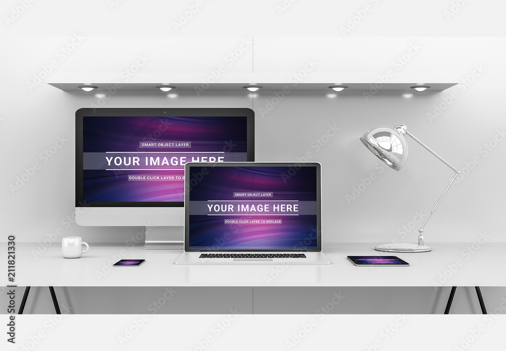 Computer and Devices on Modern White Desk Mockup Stock Template | Adobe ...