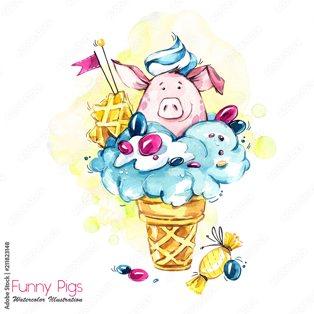 Greeting holidays illustration. Watercolor cartoon pig in ice cream ...