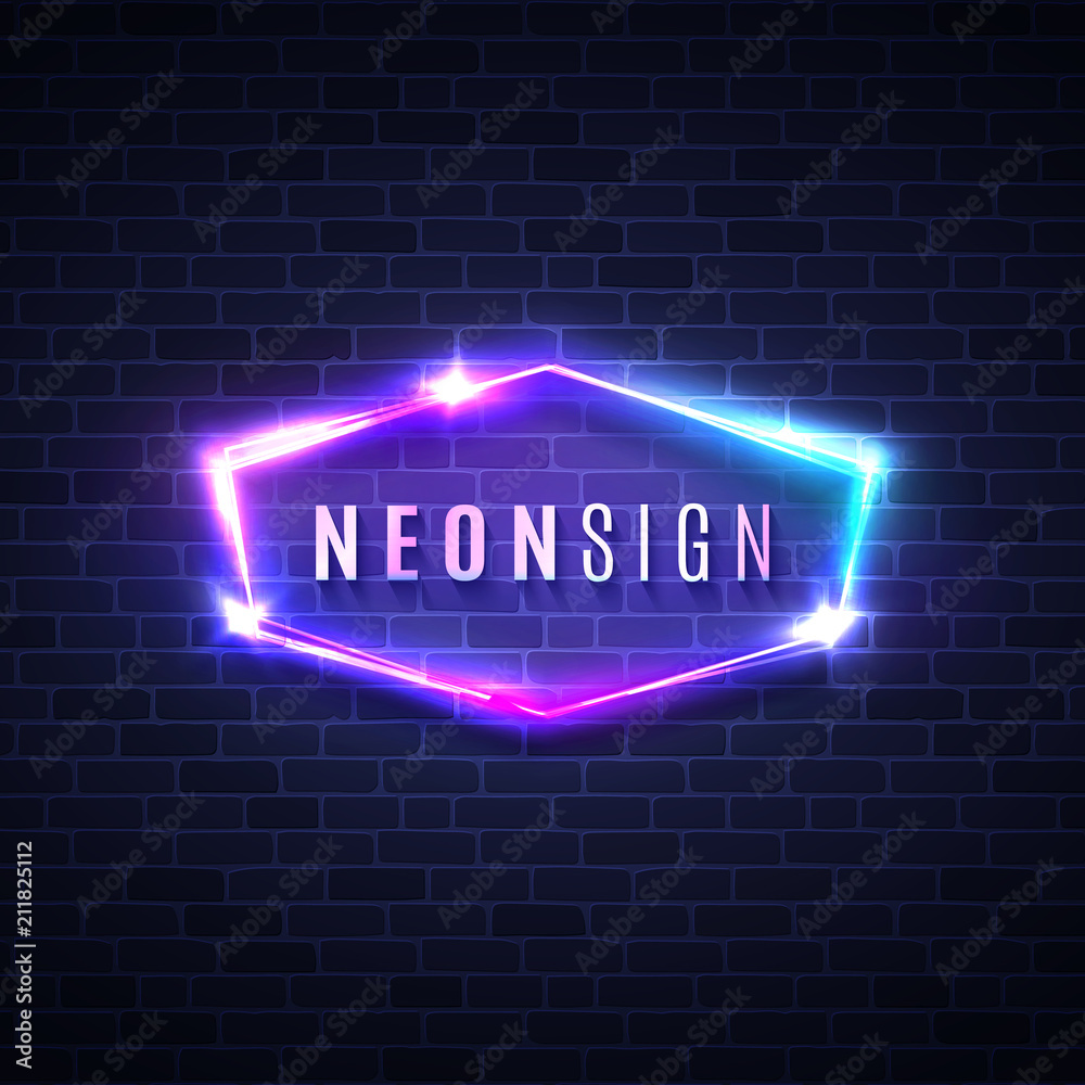 Night club neon sign. Blank 3d retro light signage. Techno frame with ...