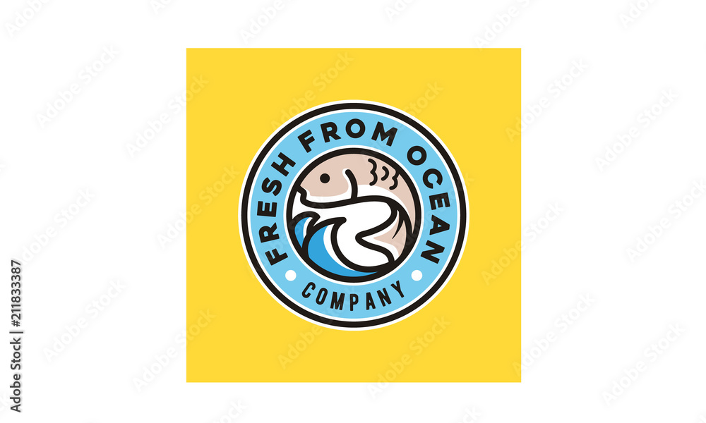 Fresh Raw Fish Meat Emblem with Ocean Sea Wave for Beach Resort Cafe ...