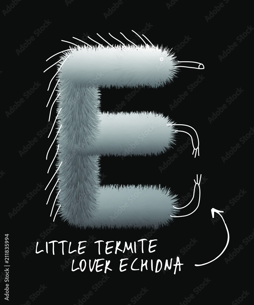 Uppercase fluffy and furry E animal echidna letter with line ...