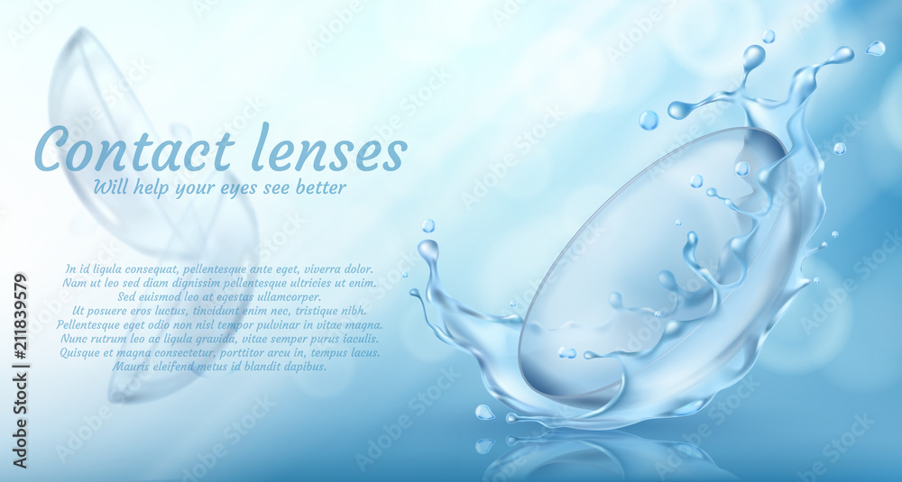 Vector realistic promotion banner with contact lenses in water splash ...