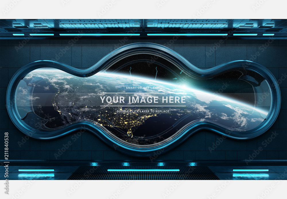 Modern Spaceship Interior Oval Window Mockup Stock Template | Adobe Stock