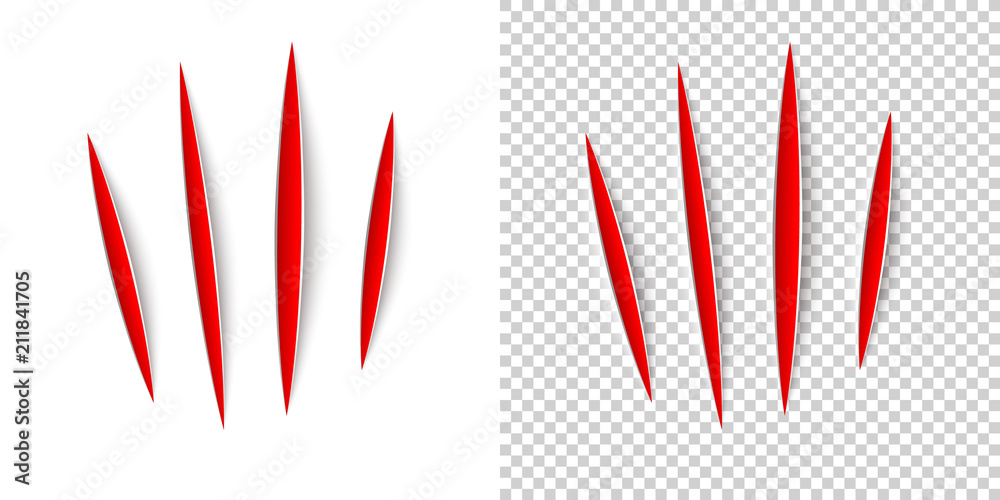 Claws animal scratches on transparent background. Vector realistic red ...
