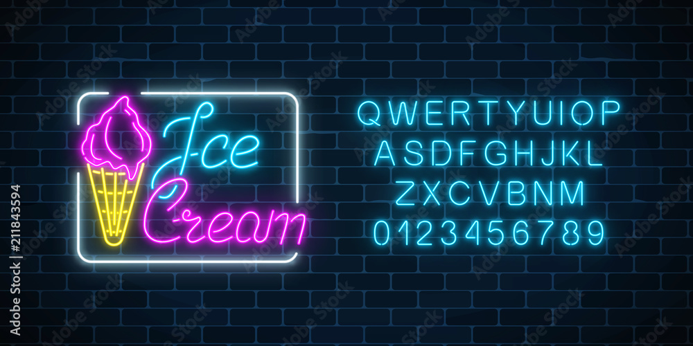 Glowing neon ice cream cafe signboard with alphabet on dark brick wall ...