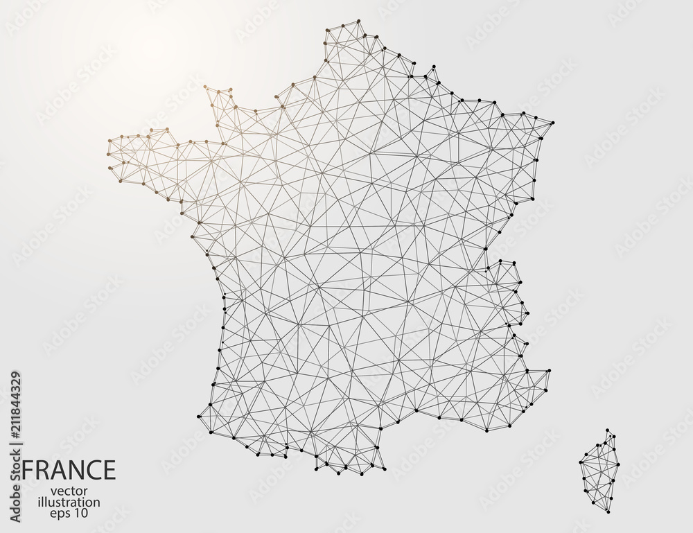 A map of France consisting of 3D triangles, lines, points, and ...