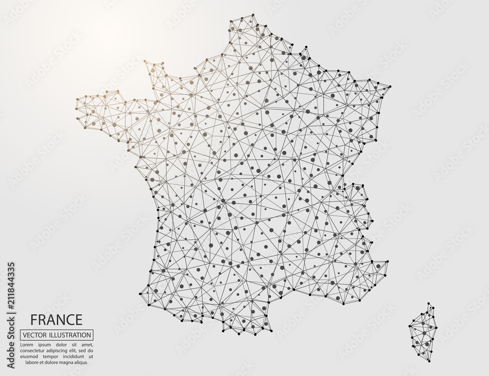 A map of France consisting of 3D triangles, lines, points, and ...