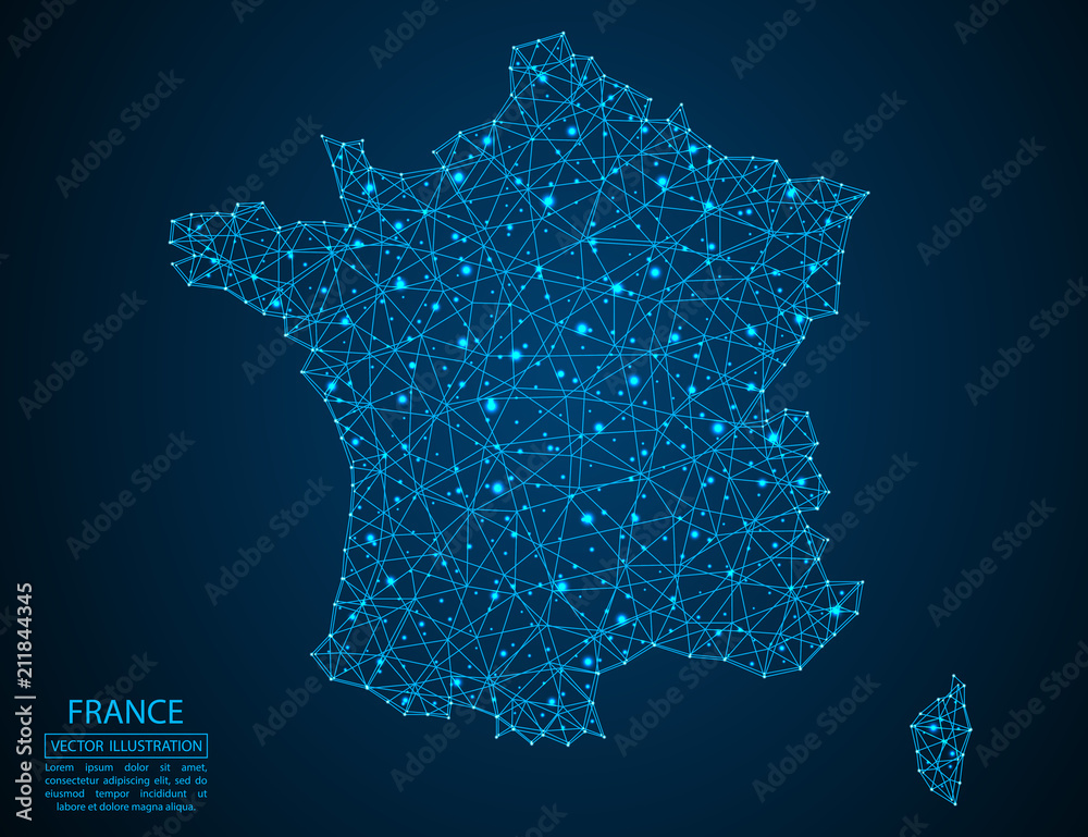 A map of France consisting of 3D triangles, lines, points, and ...