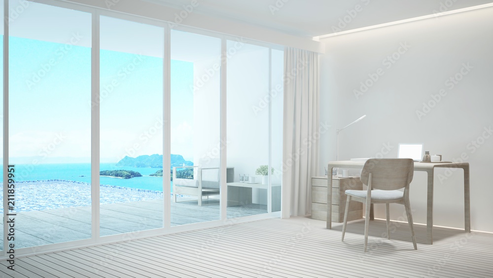 Workplace and relax area on pool deck and swimming pool with panorama ...