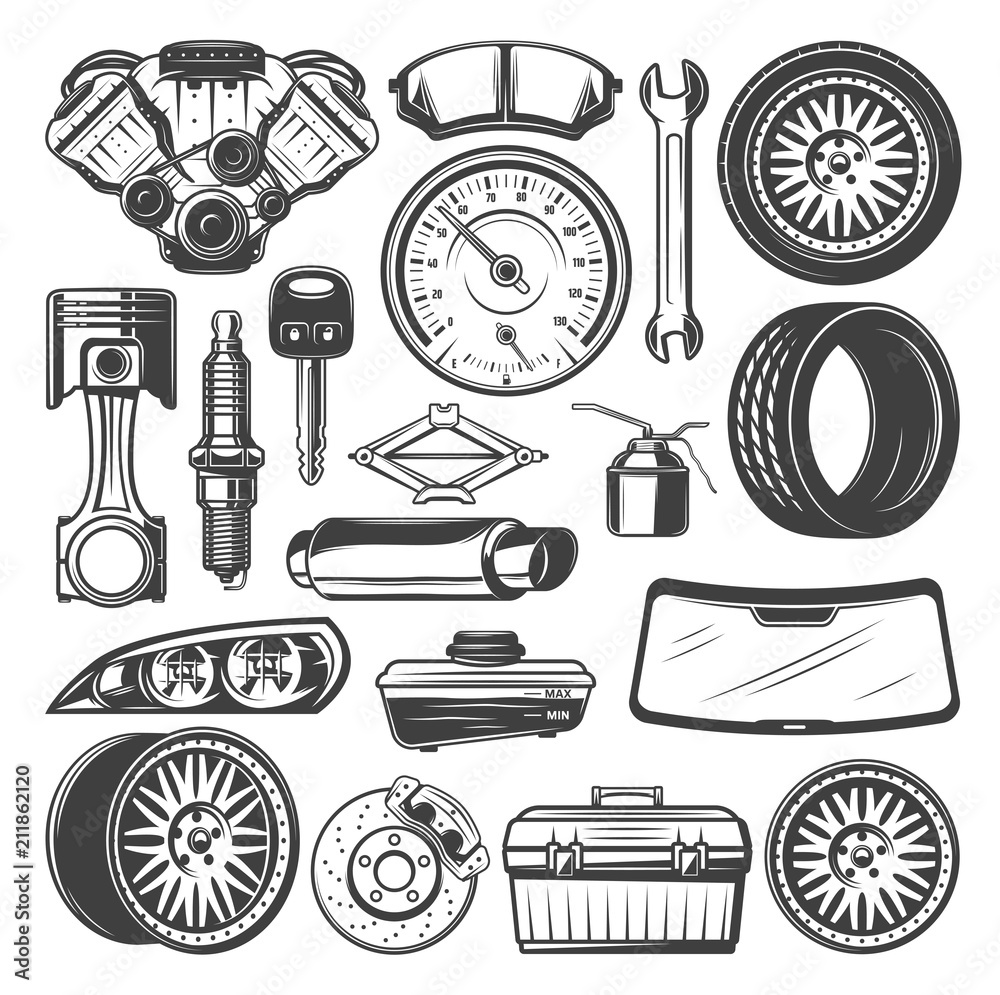 Car spare parts and instruments vector sketch set เวกเตอร์สต็อก | Adobe ...