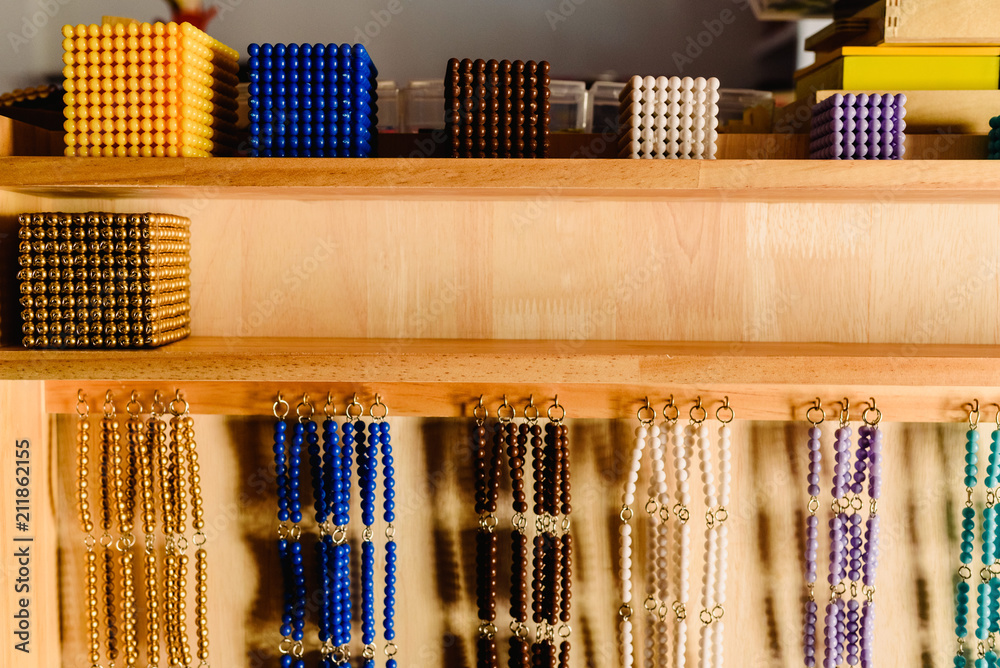 Geometry and mathematics materials in a Montessori classroom Stock ...
