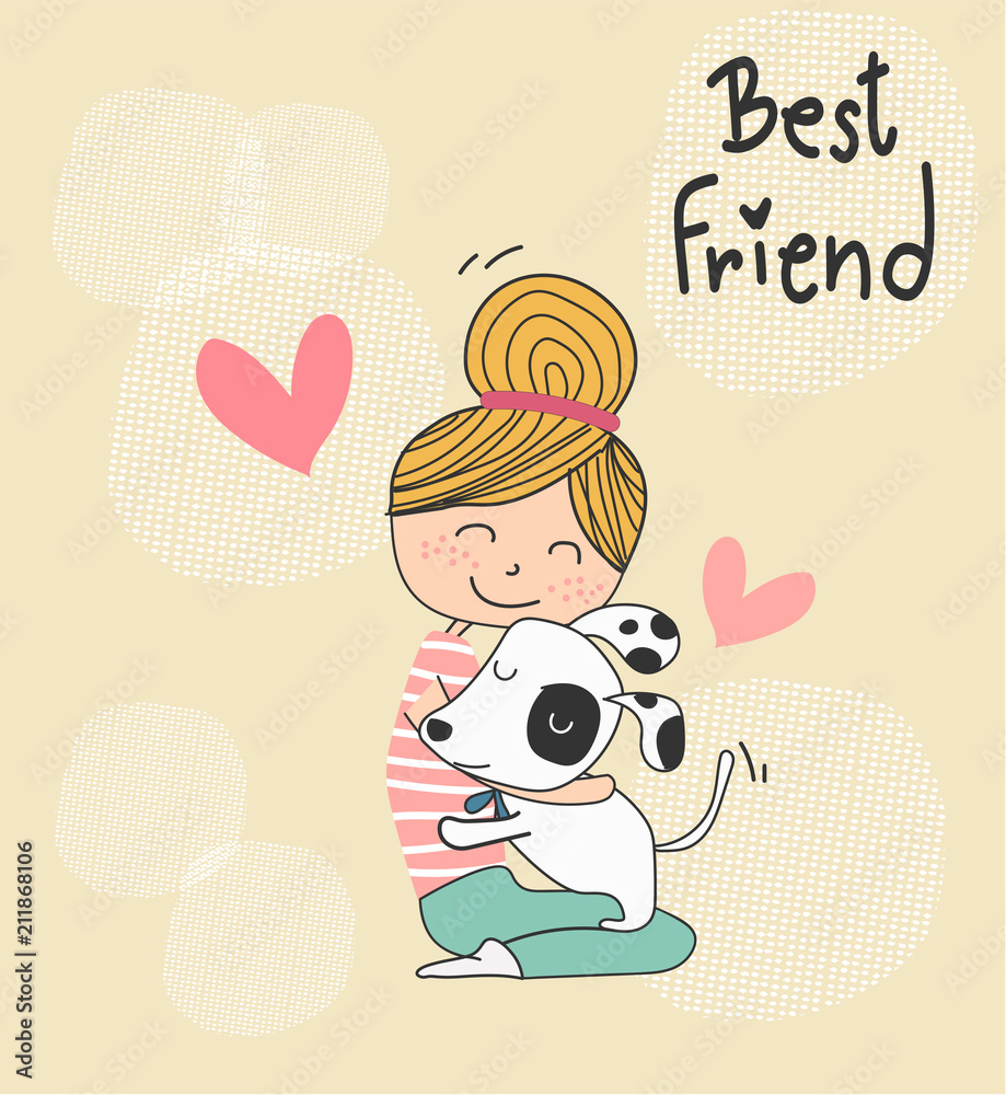 vector cute doodle a girl hugging a puppy dog, best friend concept ...