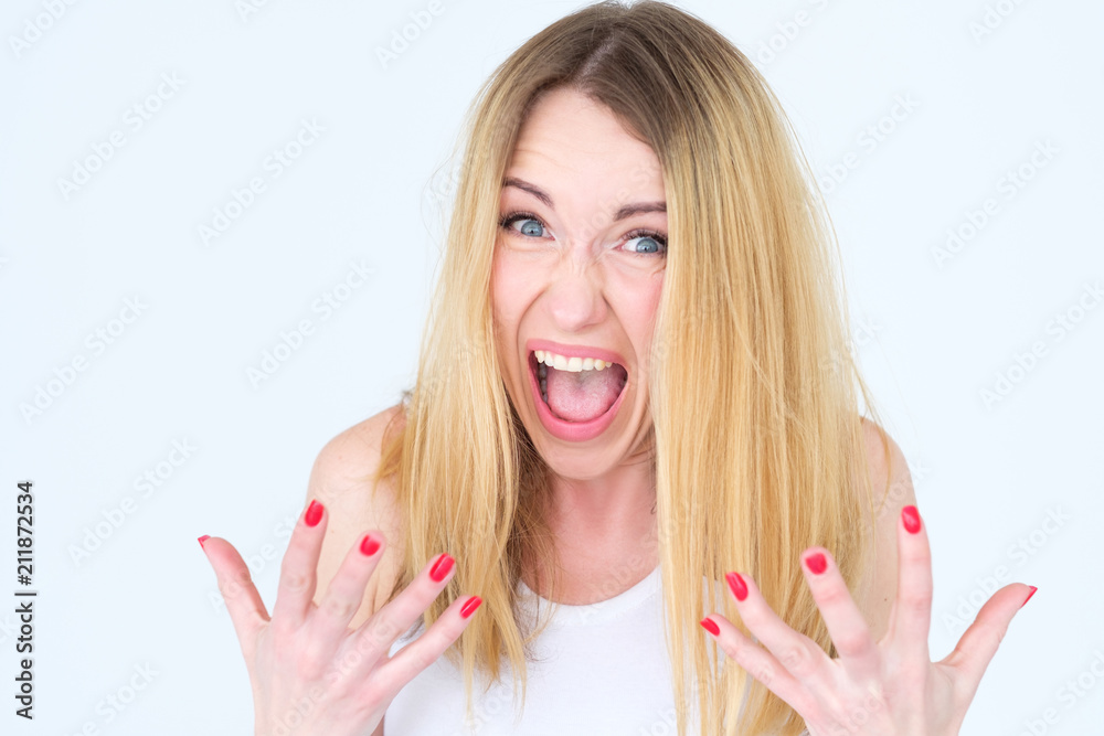 emotion face. cross angry shocked enraged woman screaming with ...