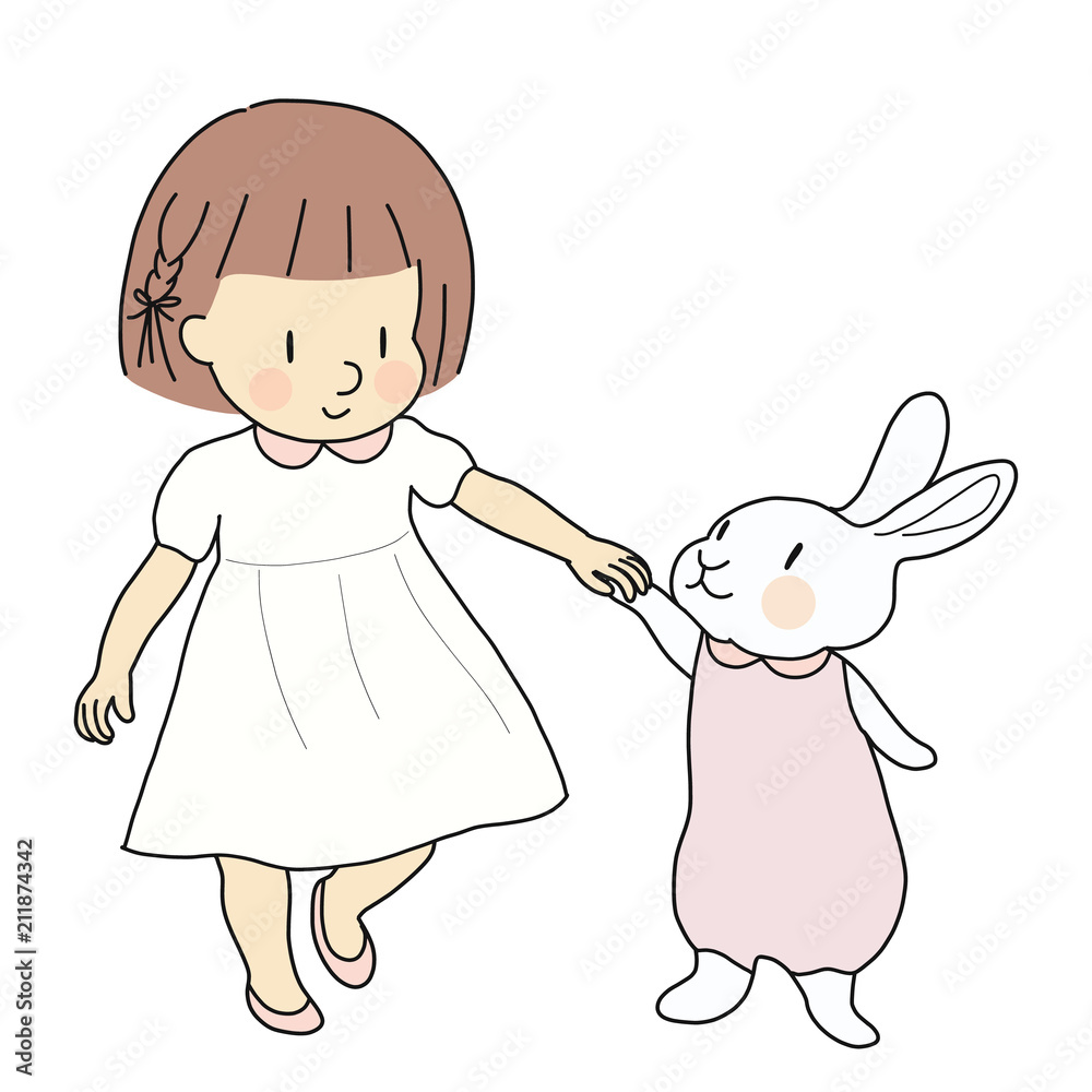 Vector illustration of little kid girl and rabbit holding hands ...