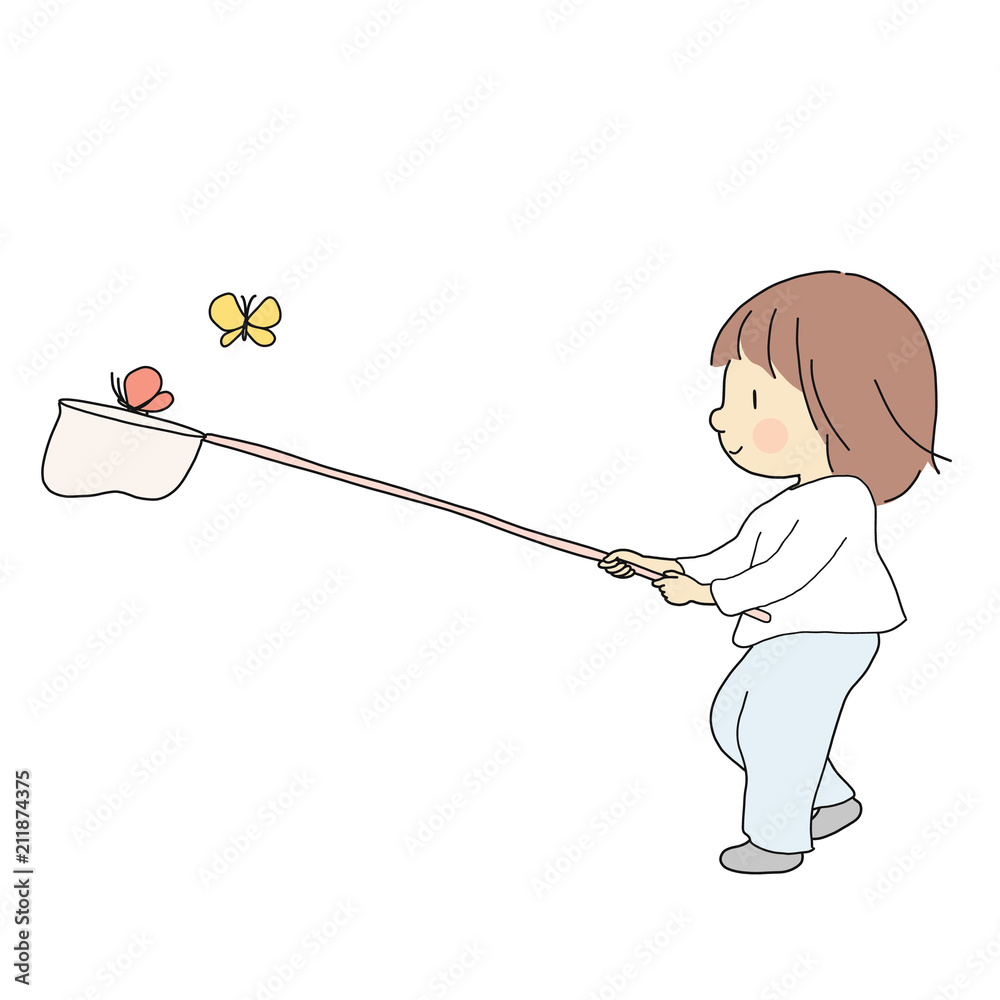 Vector illustration of kid catching colorful butterflies. Summer ...