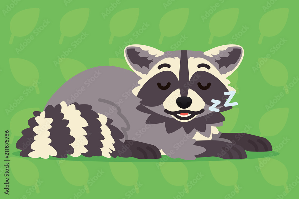 Cute raccoon sleeping. Vector illustration of a sleepy coon on green ...