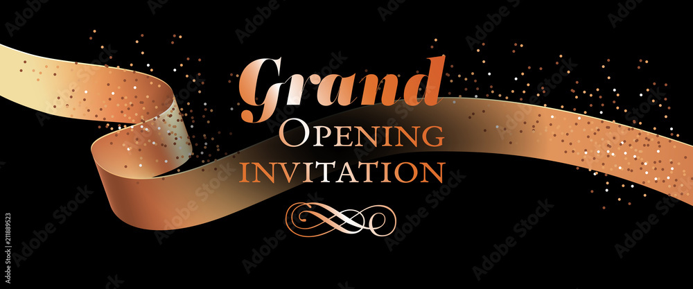 Grand opening invitation card template with gold ribbon and confetti on ...