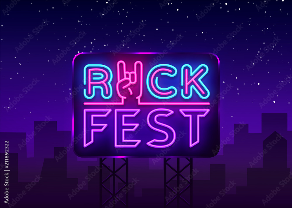 Rock Fest logo in neon style. Rock Festival neon night sign, design ...
