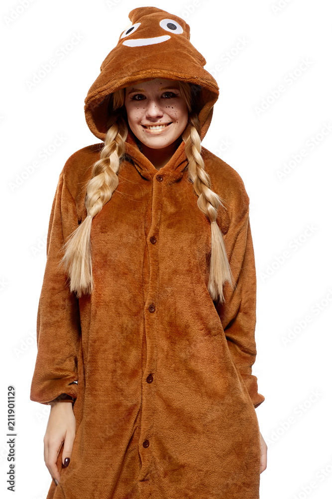 A closeup portrait of pretty girl in a funny brown kigurumi featuring ...