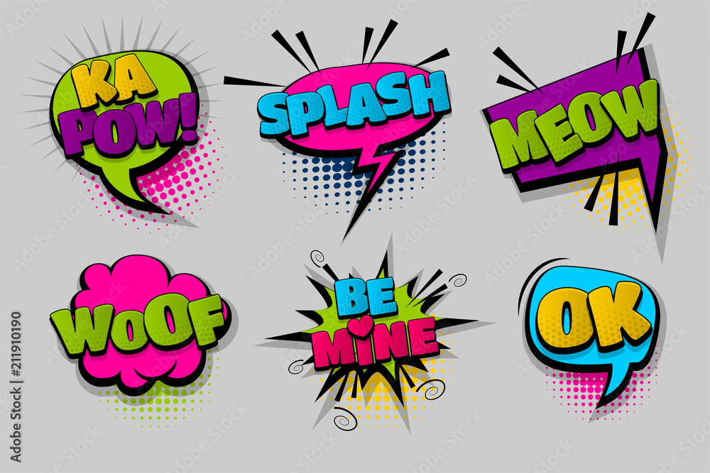 Kapow meow ok pop set hand drawn pictures effects template comics ...