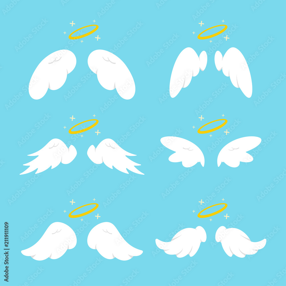 Cute angel wings with halo. Vector cartoon flat icons set isolated on ...