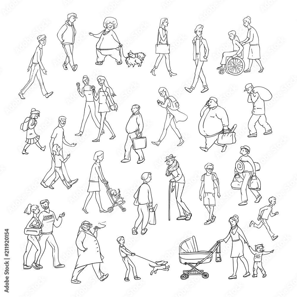 Vector sketch people walk down street. Children and adults characters ...