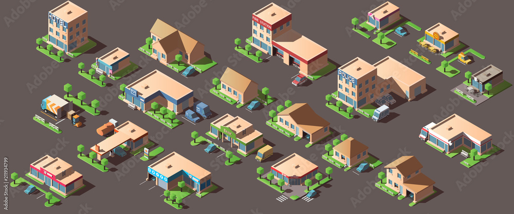 Vector set with isometric city buildings. Stock Vector | Adobe Stock