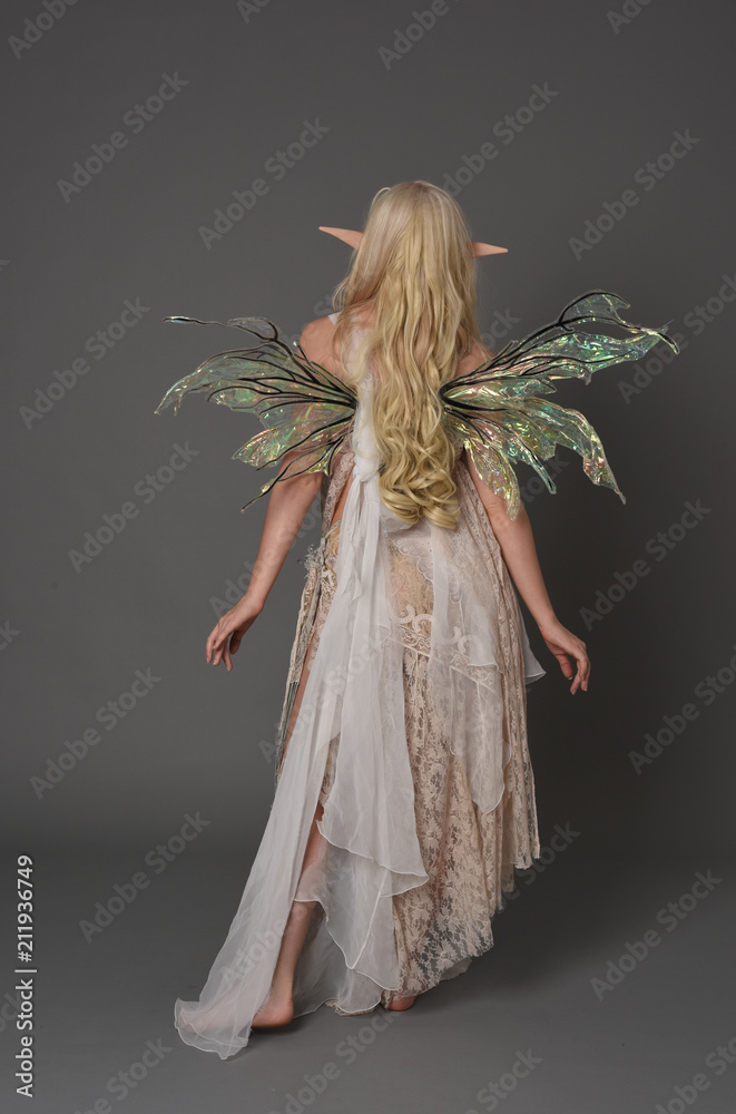 full length portrait blonde girl waring fairy costume, standing pose ...