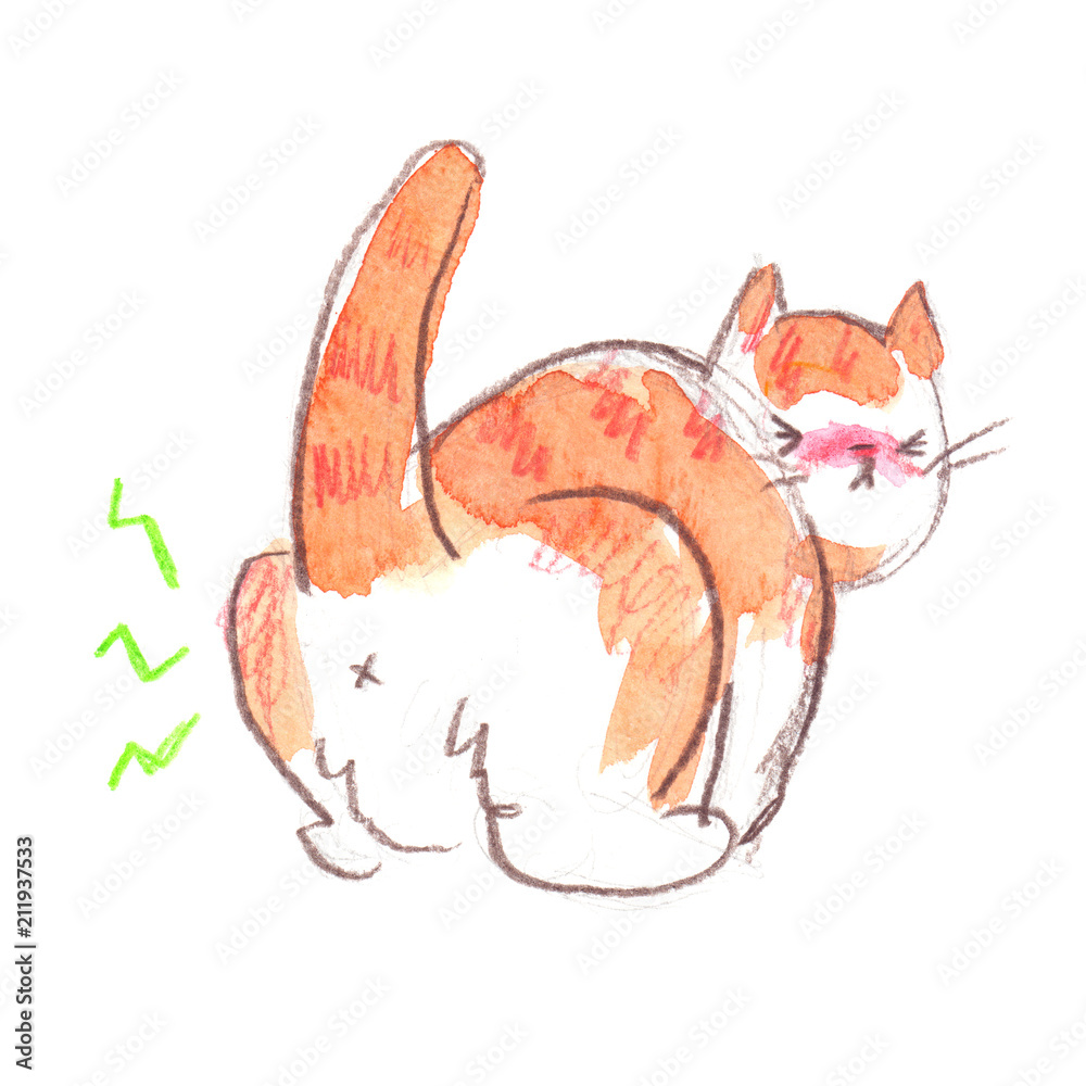Cute red cartoon cat suffering from constipation. Illustration painted ...