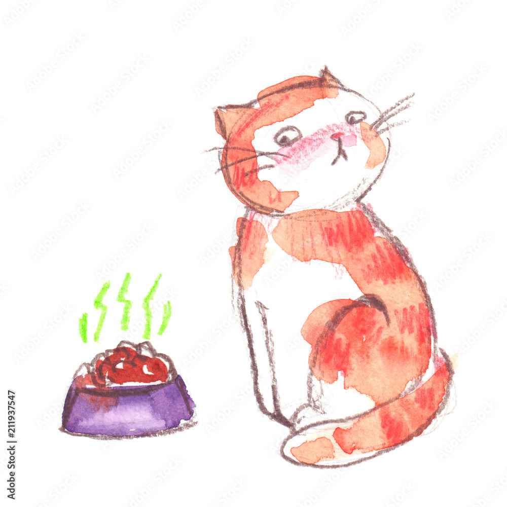 Cute red cartoon cat with loss of appetite refusing to eat food from ...