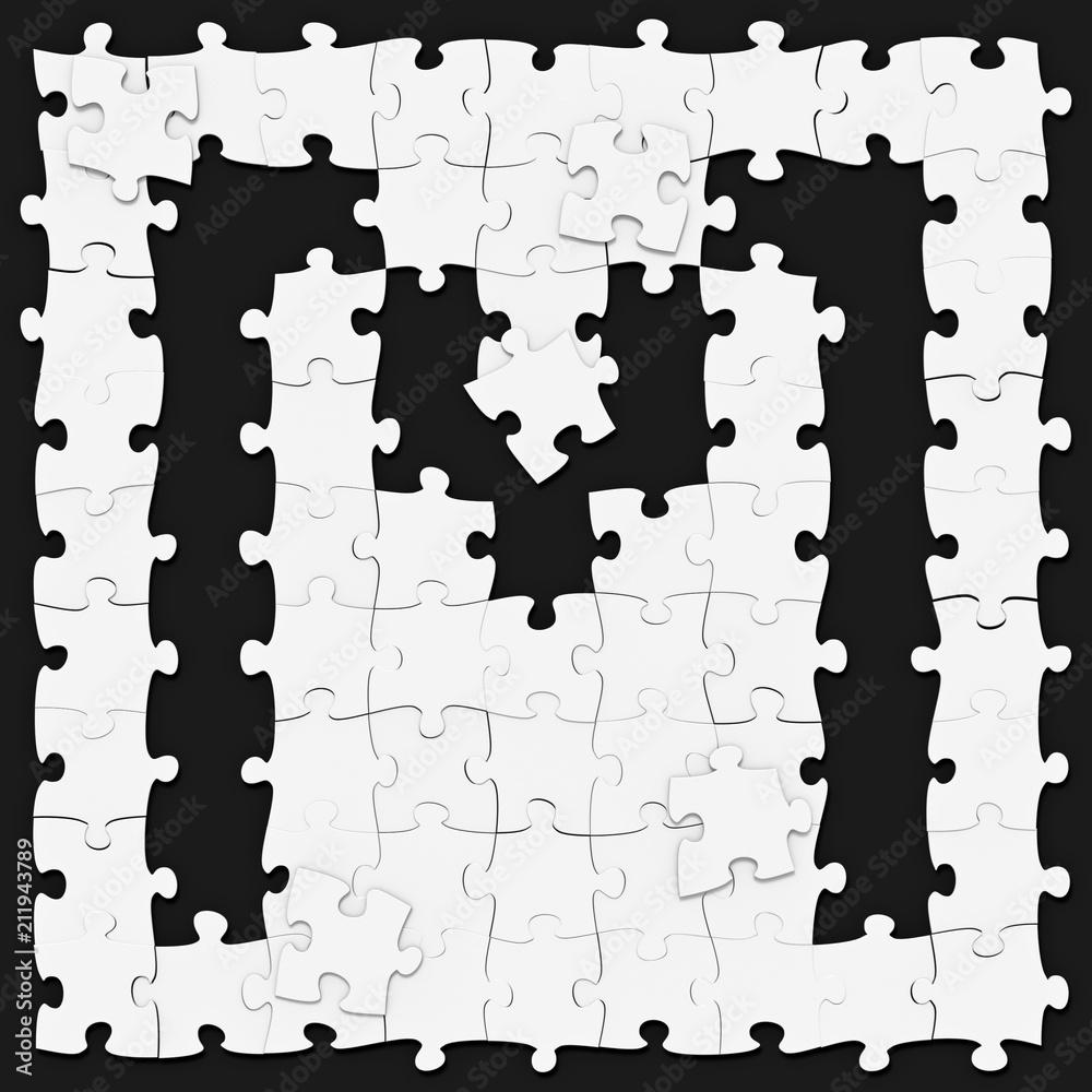 Jigsaw puzzles assembled capital letter M on dark background, puzzle ...