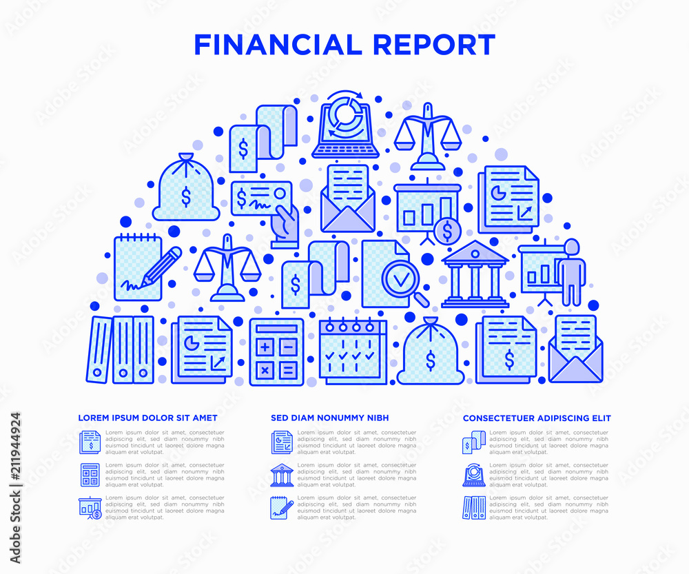 Vetor de Financial report concept in half circle with thin line icons ...