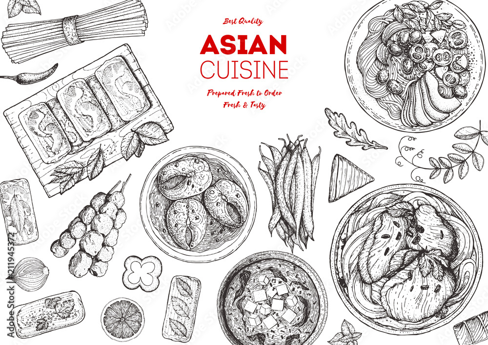 Asian cuisine sketch collection. Hand drawn vector illustration. Food ...