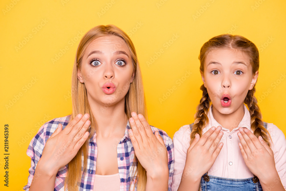 Oops mistake sorry wow like want hot concept. Close up portrait of two ...