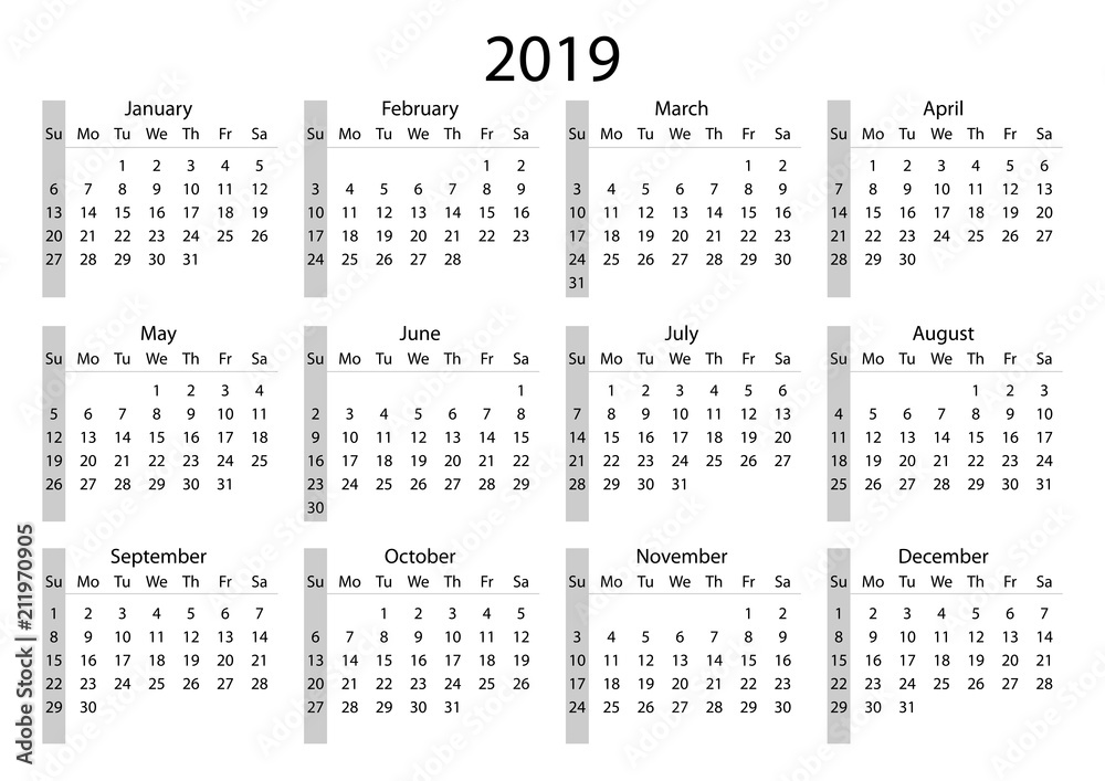 Calendar 2019. Calendar grid 2019 year black on white background ...
