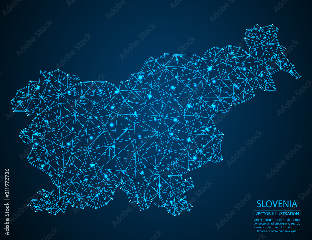 A map of Slovenia consisting of 3D triangles, lines, points, and ...